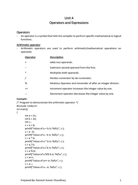 Unit 4 Operators And Expression Pdf Software Engineering Computing