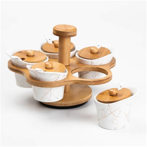 Набір для сипучих продуктів 5 банок по 120 мл на бамбуковій підставці білий ємності для