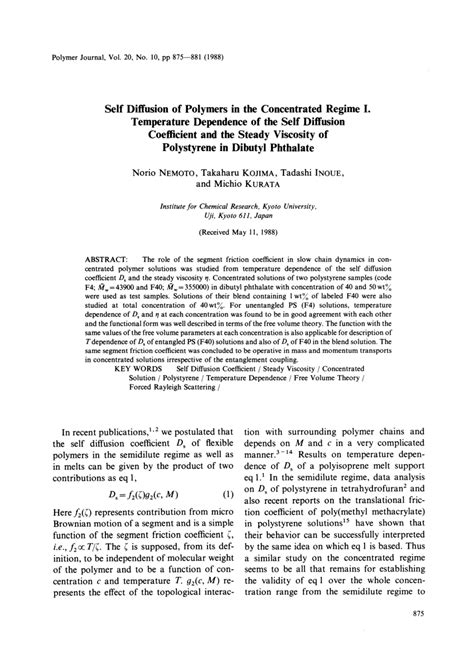 Pdf Self Diffusion Of Polymers In The Concentrated Regime I