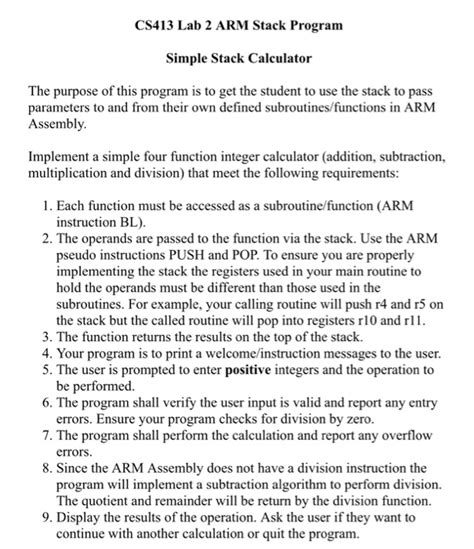 CS Lab ARM Stack Program Simple Stack Calculator Chegg