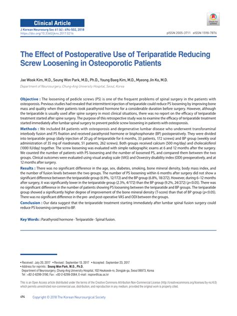 PDF The Effect Of Postoperative Use Of Teriparatide Reducing Screw