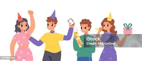 생일 축하 십대 파티 소년과 소녀는 기념일 또는 축제를 축하합니다 긍정적 인 십대 캐릭터 젊은 성인 친구 축하 친구 벡터 장면 개체 그룹에 대한 스톡 벡터 아트 및 기타