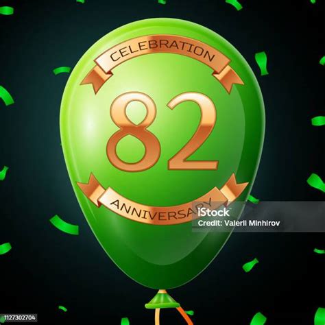 골든 비 82 년 주년 기념 행사와 황금 리본 녹색 풍선 검은 배경에 색종이 벡터 일러스트 레이 션 8에 대한 스톡 벡터 아트