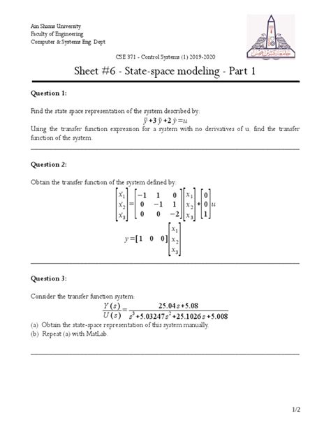 Sheet 6 State Space Modelling Pdf Computer Science Cognitive