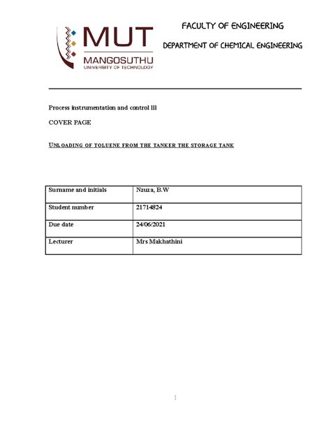 Control Assignment Process Instrumentation And Control Lll Cover Page U Nloading Of Toluene