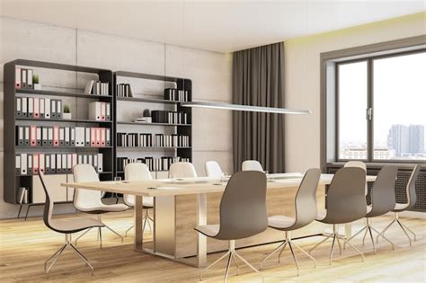 Перспективный вид современного пустого офисного интерьера с деревянным полом бетонными стенами