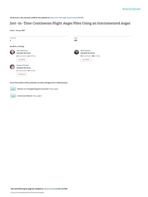 Just In Time Continuous Flight Auger Piles Using An Instrumented Auger Pdf Deep Foundation