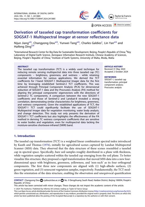 Pdf Derivation Of Tasseled Cap Transformation Coefficients For Sdgsat 1 Multispectral Imager