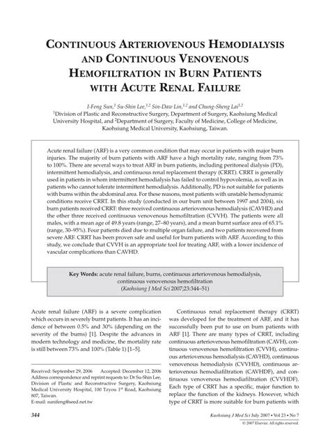Pdf Continuous Arteriovenous Hemodialysis And Continuous Venovenous Hemofiltration In Burn