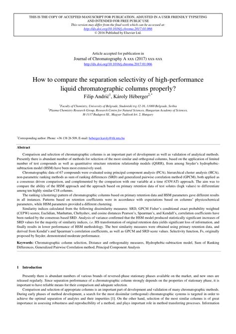 Pdf How To Compare Separation Selectivity Of High Performance Liquid Chromatographic Columns