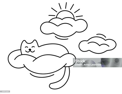 귀여운 고양이는 태양과 구름의 배경에 구름 베개에 자고있다 만화 새끼 고양이는 자고 하늘에 꿈 흰색 배경에 격리된 검은색 윤곽선입니다 낙서 스타일의 벡터 이미지입니다