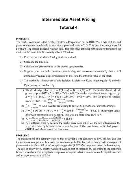 Tutorial 4 Solution Intermediate Asset Pricing Tutorial 4 Problem 1 The Market Consensus Is