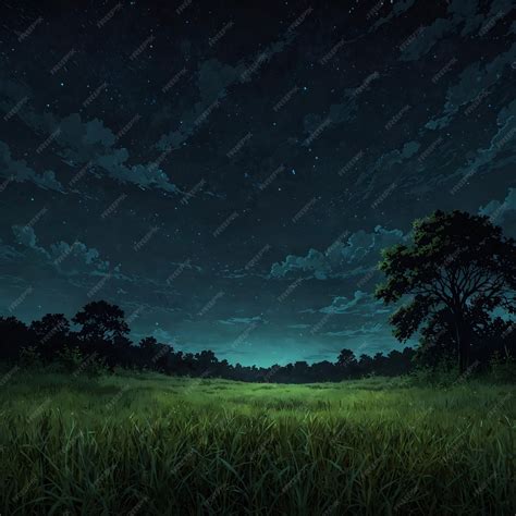 Grassy Field With A Night Sky And Clouds Above It And Tree Anime Style