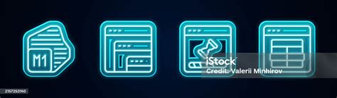 라인 프로세서 소프트웨어 데이터 로드 창 및 Mysql 코드를 설정합니다 빛나는 네온 아이콘입니다 벡터 Cpu에 대한 스톡 벡터