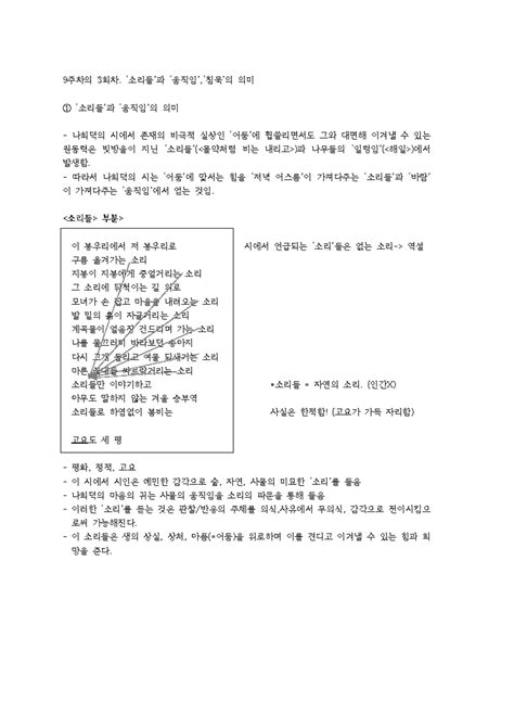 22 2 한국의젊은시인들 9주차34차시 9주차의 3회차 ‘소리들과 ‘움직임‘침묵의 의미 ① ‘소리들과 ‘움직임의 의미 나희덕의 시에서 존재의 비극적