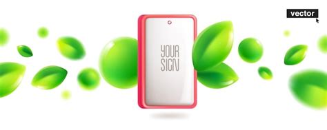 Смартфон с белым экраном зелеными листьями и шаблоном сфер макет гаджета мобильного телефона