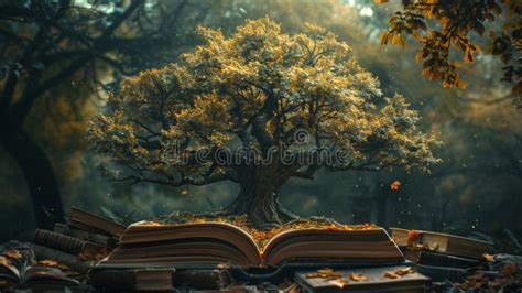Ancient Tree Growing From Open Book In A Mystical Forest Magical Knowledge And Nature Concept