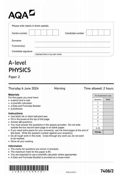 Aqa A Level Physics 7408 2 Question Paper 2 2024 Aqa A Level Physics Question Paper 2 202