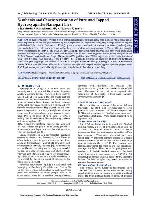 Pdf Synthesis And Characterization Of Pure And Capped Hydroxyapatite Nanoparticles