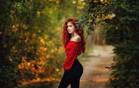 Wallpaper Girl Forest Road Blouse Trees Nature Model Redhead For Mobile And Desktop