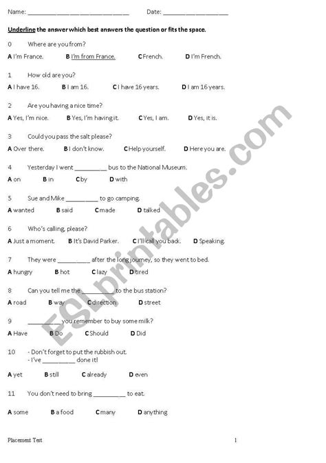 Placement Test Esl Worksheet By Sarasyati
