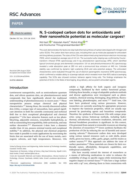 Pdf N S Codoped Carbon Dots For Antioxidants And Their Nanovehicle