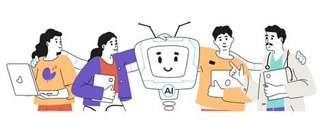 인공 지능 개념과 상호 작용하는 다양한 전문가 그룹 남자와 여자가 포옹 와 함께 Ai 로봇 캐릭터 선형 벡터 일러스트 레이 션은