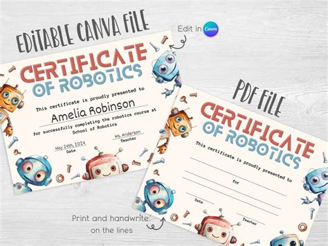 Editable Certificate Of Robotics Robots And Bolts Etsy