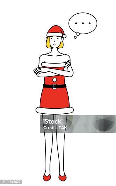 산타클로스로 옷을 입은 여자의 간단한 선 그리기 그림 팔짱을 끼고 생각 12월에 대한 스톡 벡터 아트 및 기타 이미지 12월 Day 1 걱정하는 Istock