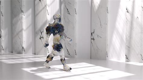 밝은 배경 3d 그림에 무지개 그라데이션 색상의 작은 공 구체 또는 거품 입자의 사용을 기반으로 분산 된 공의 3d 모션으로 걷는 남자 0명에 대한 스톡 사진 및 기타