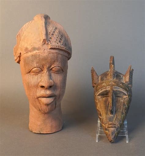 Lot African Pottery Bust Of Warrior And Carved Wood Mask H Of Taller