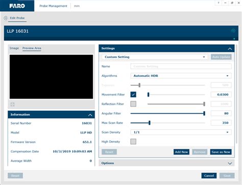 faro laser line probe settings