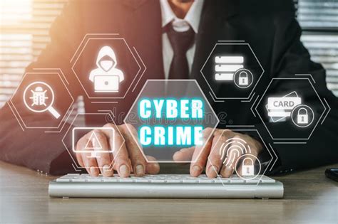 Person Hand Typing Keyboard Computer With Cyber Crime Icon On Virtual
