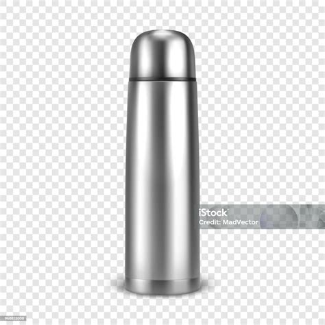 벡터 현실적인 3d 빈 광택 금속 진공 열 텀블러 플라스 크 근접 촬영 투명도 격자 배경에 고립 포장 이랑 그래픽의 디자인 템플릿입니다 전면 보기 0명에 대한 스톡 벡터