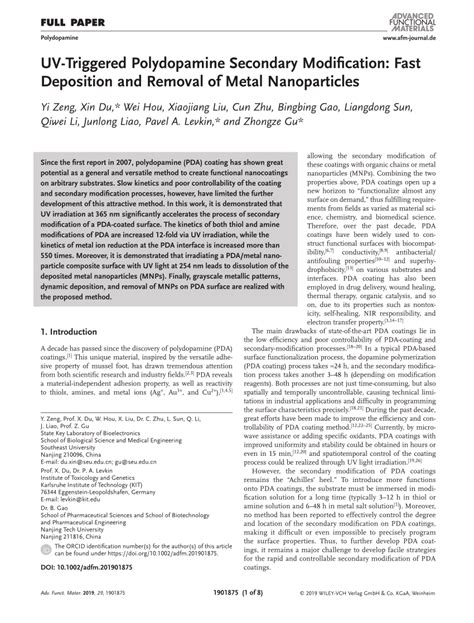 Uv‐triggered Polydopamine Secondary Modification Fast Deposition And