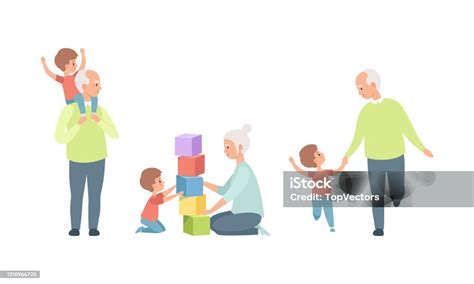 노인 사랑하는 커플 세트 행복한 조부모 관계 할머니와 할아버지가 손자 만화 벡터 일러스트와 함께 즐거운 시간을 보내고 있습니다 가공의 인물에 대한 스톡 벡터 아트 및 기타