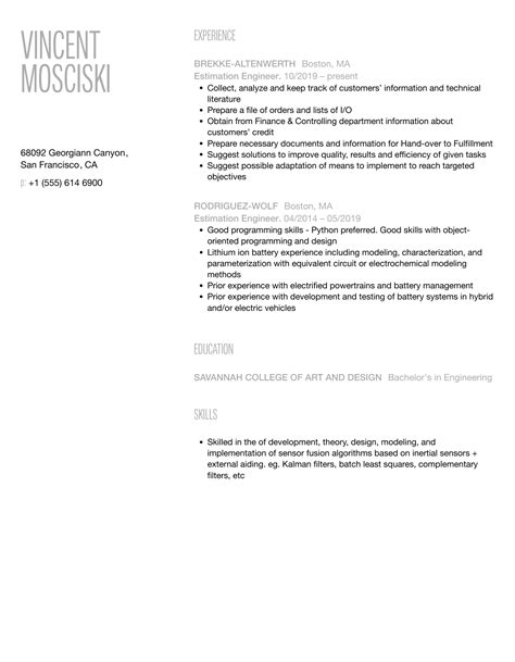 Estimation Engineer Resume Samples Velvet Jobs