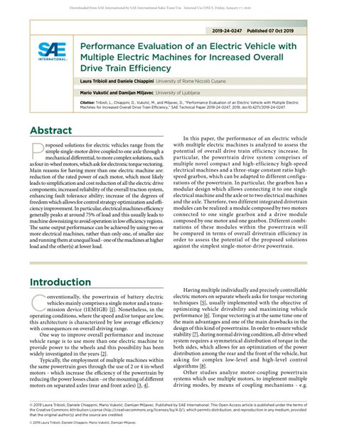 PDF Performance Evaluation Of An Electric Vehicle With Multiple Electric Machines For