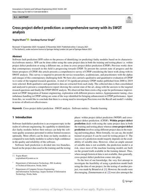 Cross Project Defect Prediction A Comprehensive Survey With Its Swot
