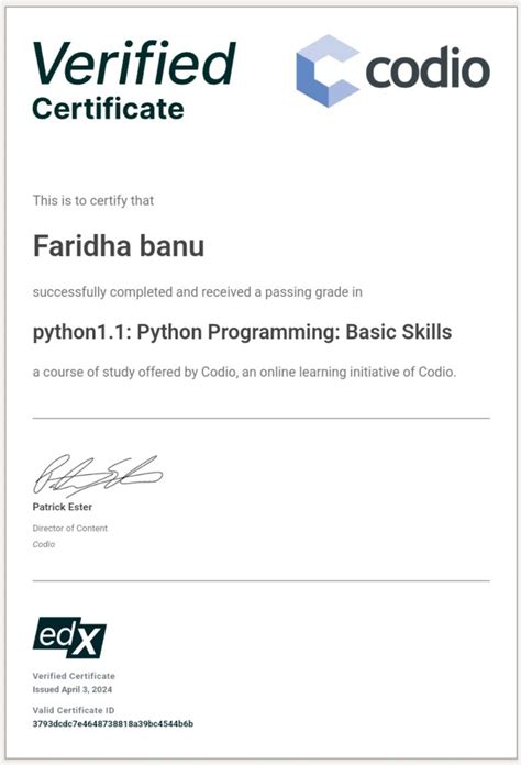 Completed Python Programming Basic Skills By Codio Faridha Banu