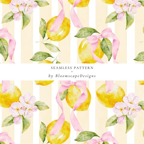 Watercolor Lemon Seamless Pattern Pink Bow Citrus Stripe Digital Paper