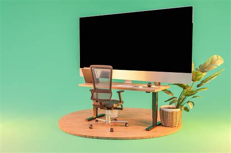 거대한 와이드스크린 모니터가 있는 나무 연단에 있는 단일 격리된 컴퓨터 작업 공간 프리랜서 및 홈 오피스 개념 3d 일러스트레이션 강단에 대한 스톡 사진 및 기타 이미지
