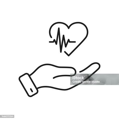 심장 박동률 케어 기호입니다 심장 치료 선형 픽토그램 응급 진단 인간의 손 라인 아이콘으로 하트 비트 심전도 윤곽선 아이콘입니다 편집 가능한 획 고립된 벡터 그림 건강관리와