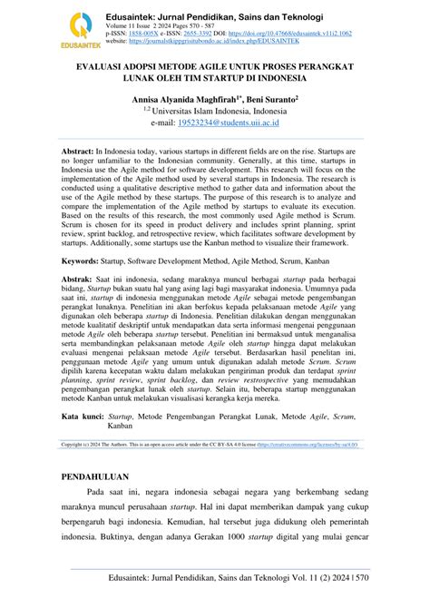 Pdf Evaluasi Adopsi Metode Agile Untuk Proses Perangkat Lunak Oleh Tim Startup Di Indonesia