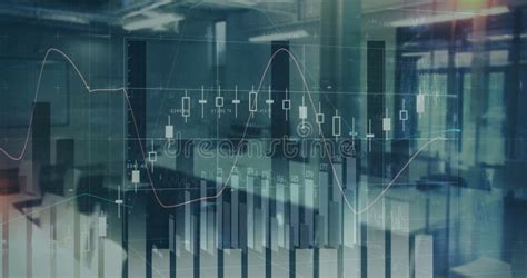 Displaying Financial Data Overlay Over Desks In Office With Bar Charts