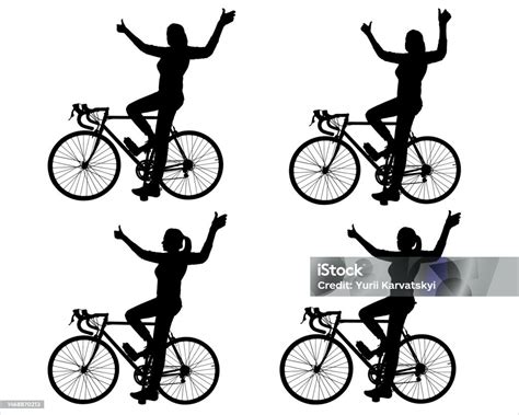 여성 사이클리스트의 실루엣의 큰 세트 자전거를 탄 소녀 한 여성이 자전거를 타고 손으로 좋아요제스처를 보여줍니다 대회 우승자 첫
