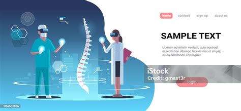 의사 커플 디지털 안경 가상 현실 척추 인간 장기 해부학 의료 Vr 헤드셋 비전 컨셉 오페라 룸 인테리어 전체 길이 수평 복사 공간을 착용 척추 신체 부분에 대한 스톡 벡터