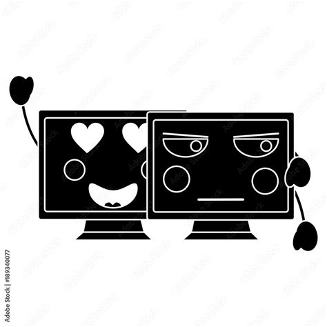 Pc Monitor Hardware Pair Kawaii Cartoon Vector Illustration Pictogram Desing Stock Vector