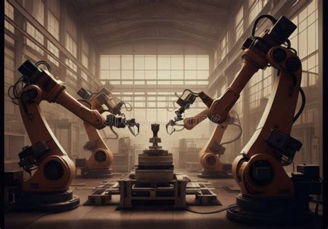 Industrial Robots Working Together In A Modern Manufacturing Facility Stock Image Image Of