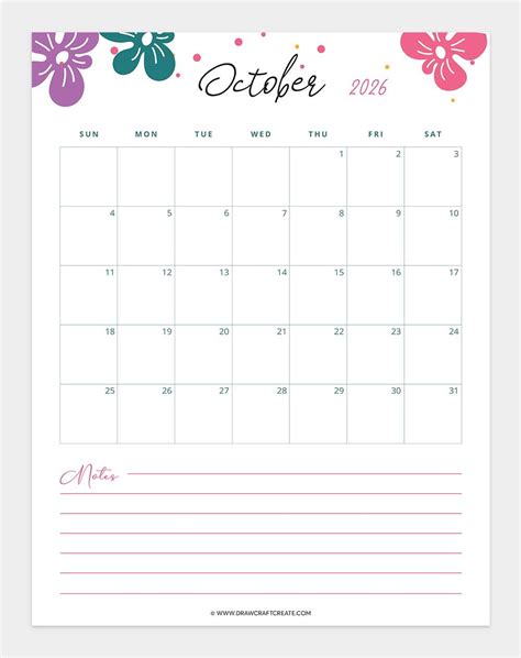 Free Printable October 2026 Calendars 43 Design Draw Craft Create